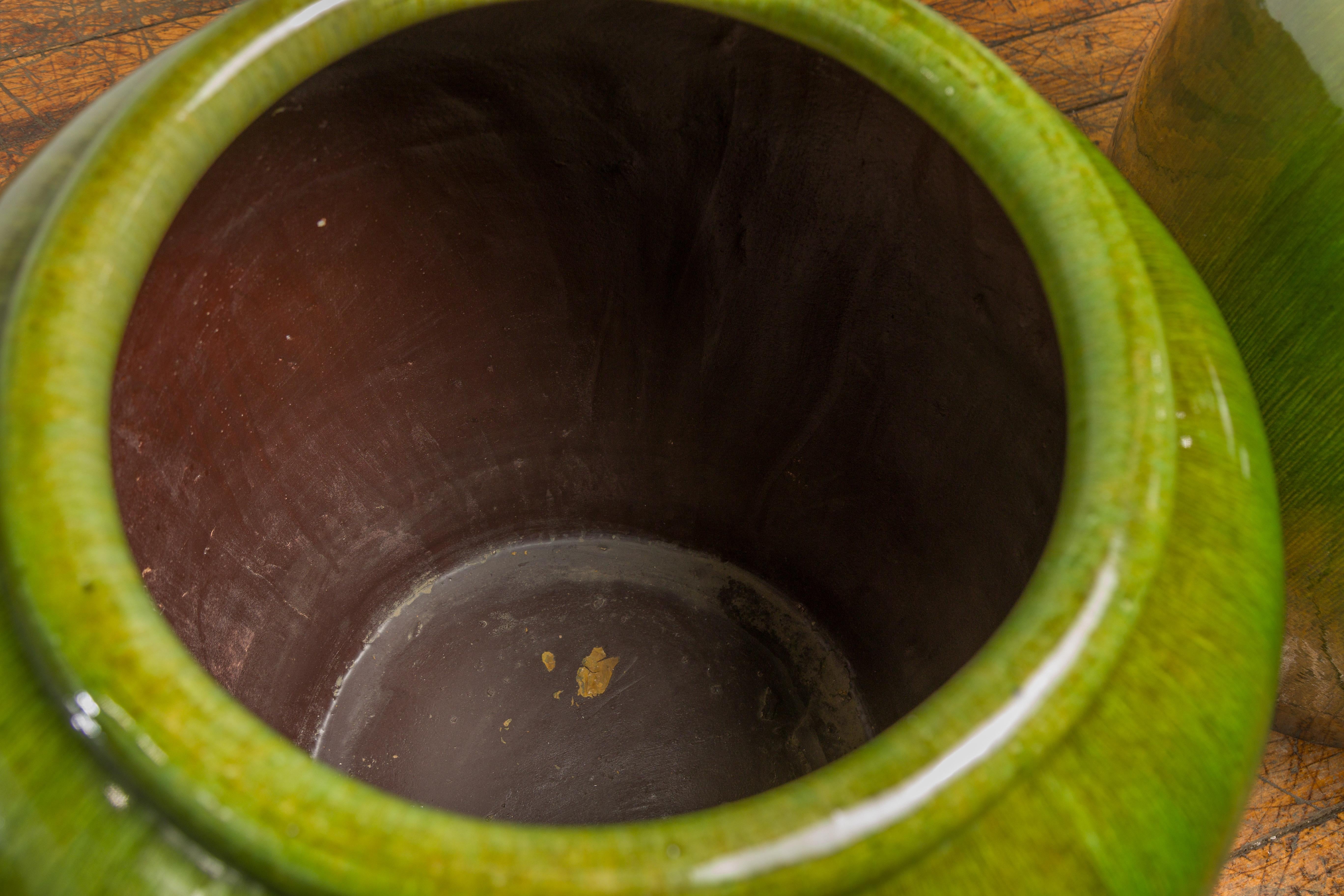 Near Pair of Tall Chinese Vintage Round Green Glazed Ceramic Water Jars ...