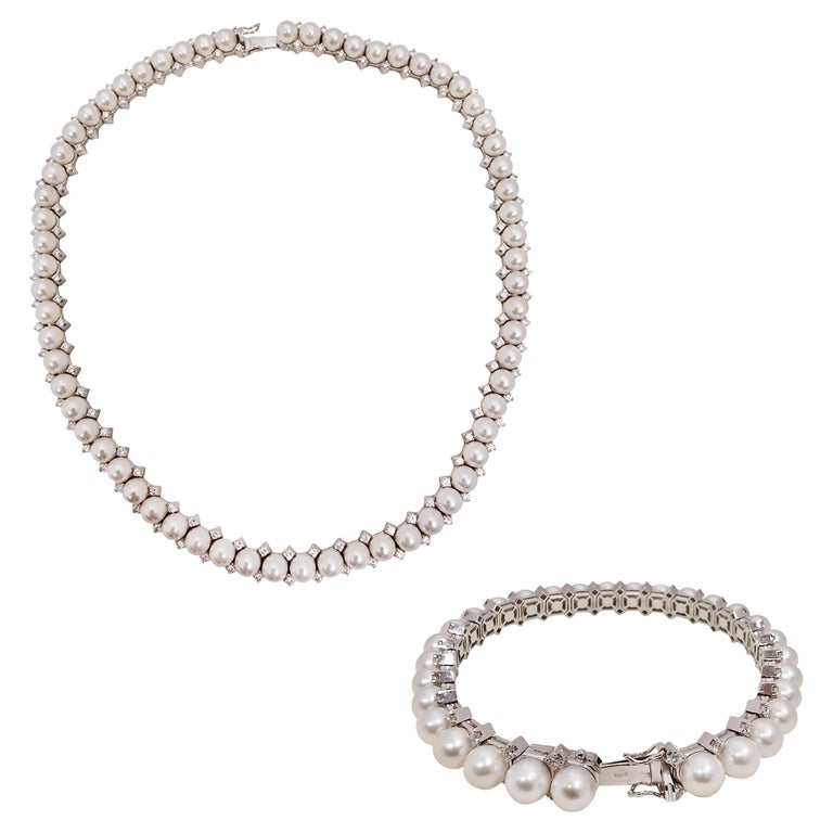 Necklace and Bracelet Set, 18k White Gold with White Diamonds and ...
