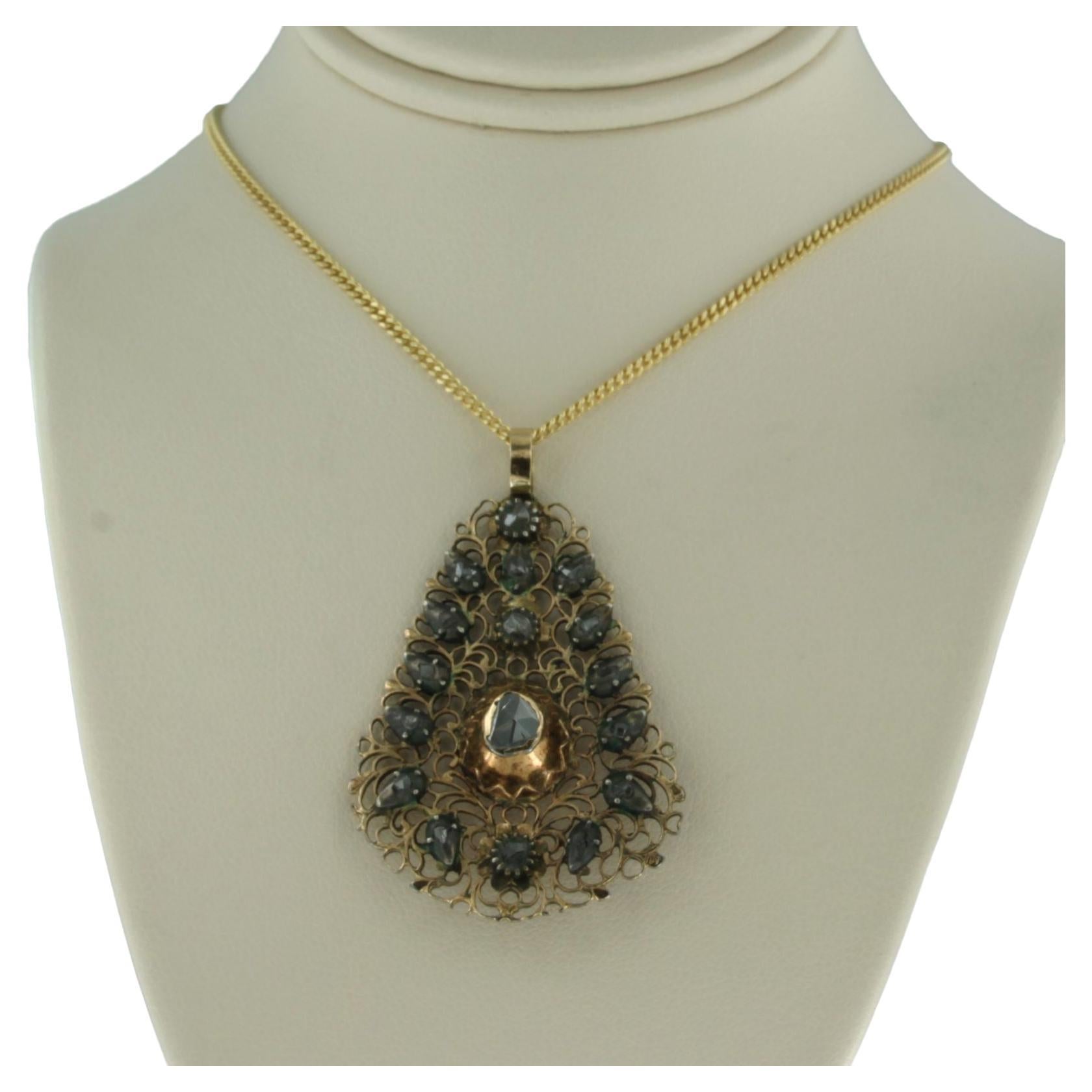 Necklace and pendant set with rose diamond 14k yellow gold and silver ...