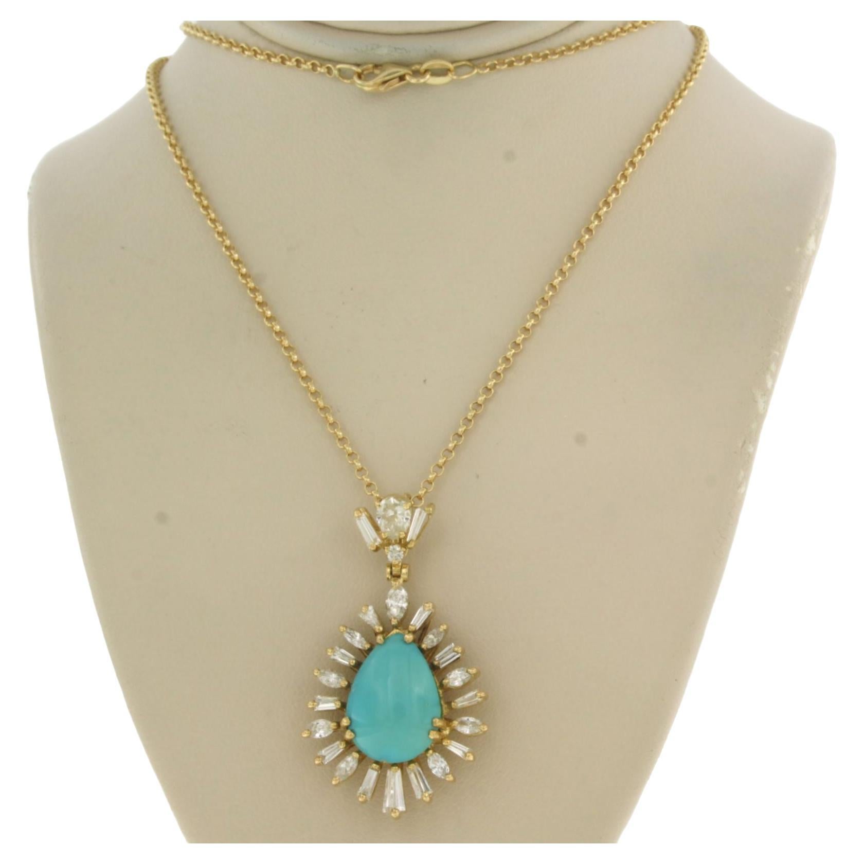 Necklace and pendant set with turquoise and diamonds 18k yellow gold ...
