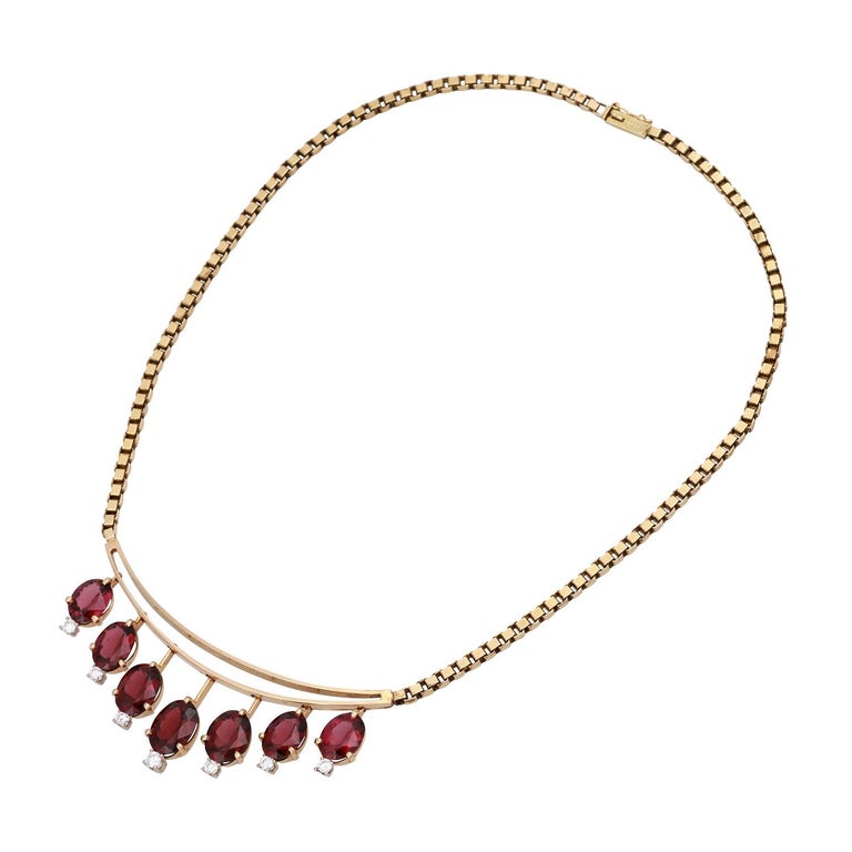 Necklace from Around 1970, Front Set with 7 Oval Fac. Garnets and 7 ...