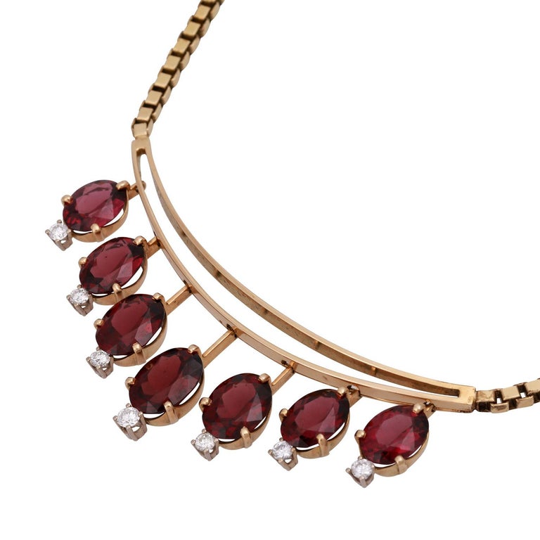 Necklace from Around 1970, Front Set with 7 Oval Fac. Garnets and 7 ...
