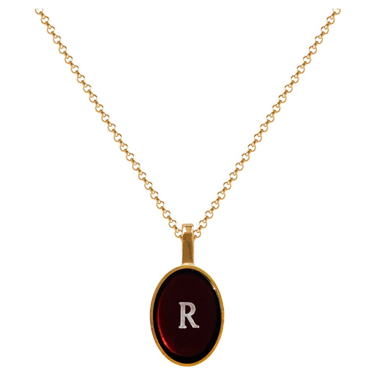 Necklace with amber pendant and name letter gold - R For Sale at 1stDibs