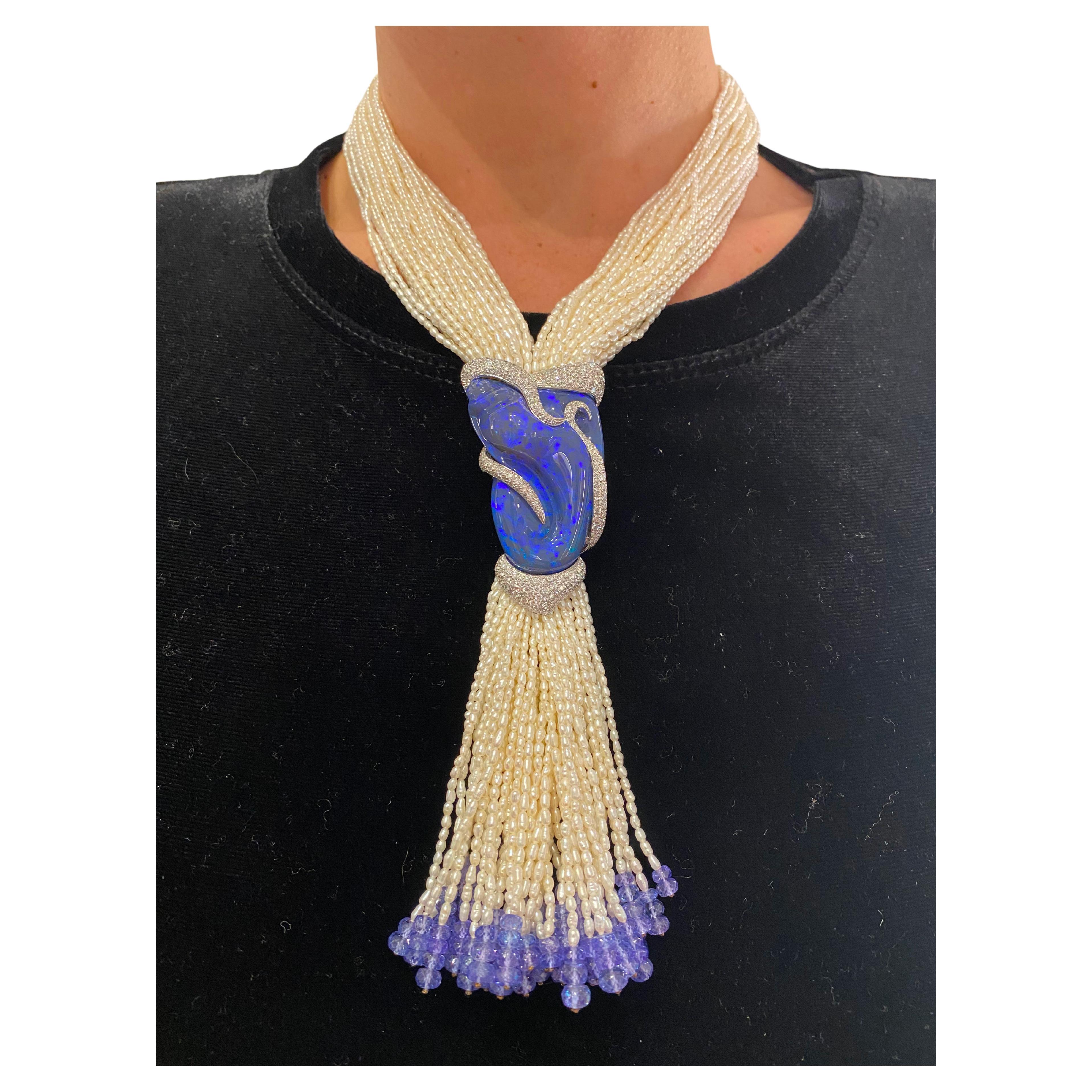 SCAVIA Blue Opal Diamonds Pavè And Small Pearls Tanzanite Beads ...