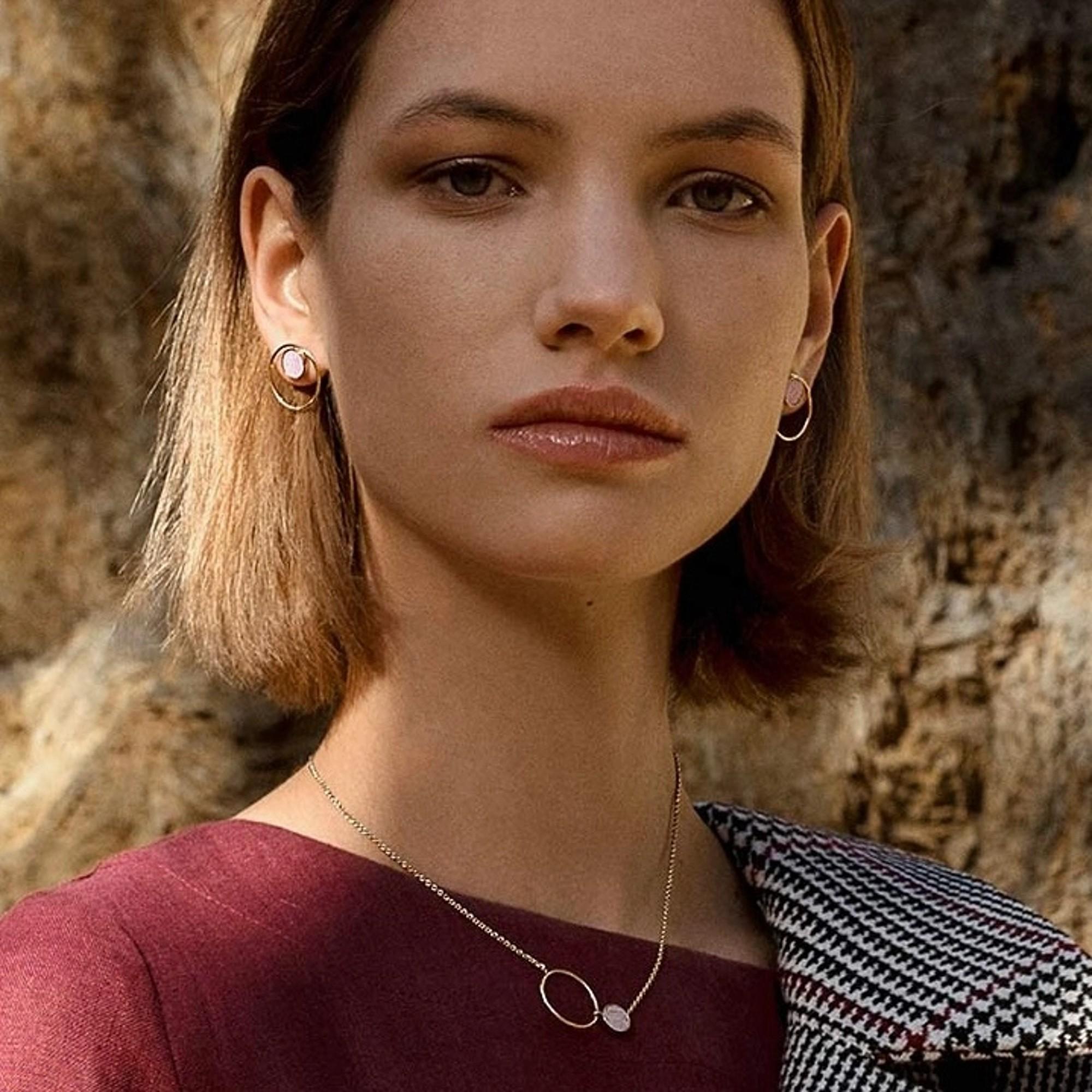 Necklace with circle and pink stone rodingite gold plated sterling ...