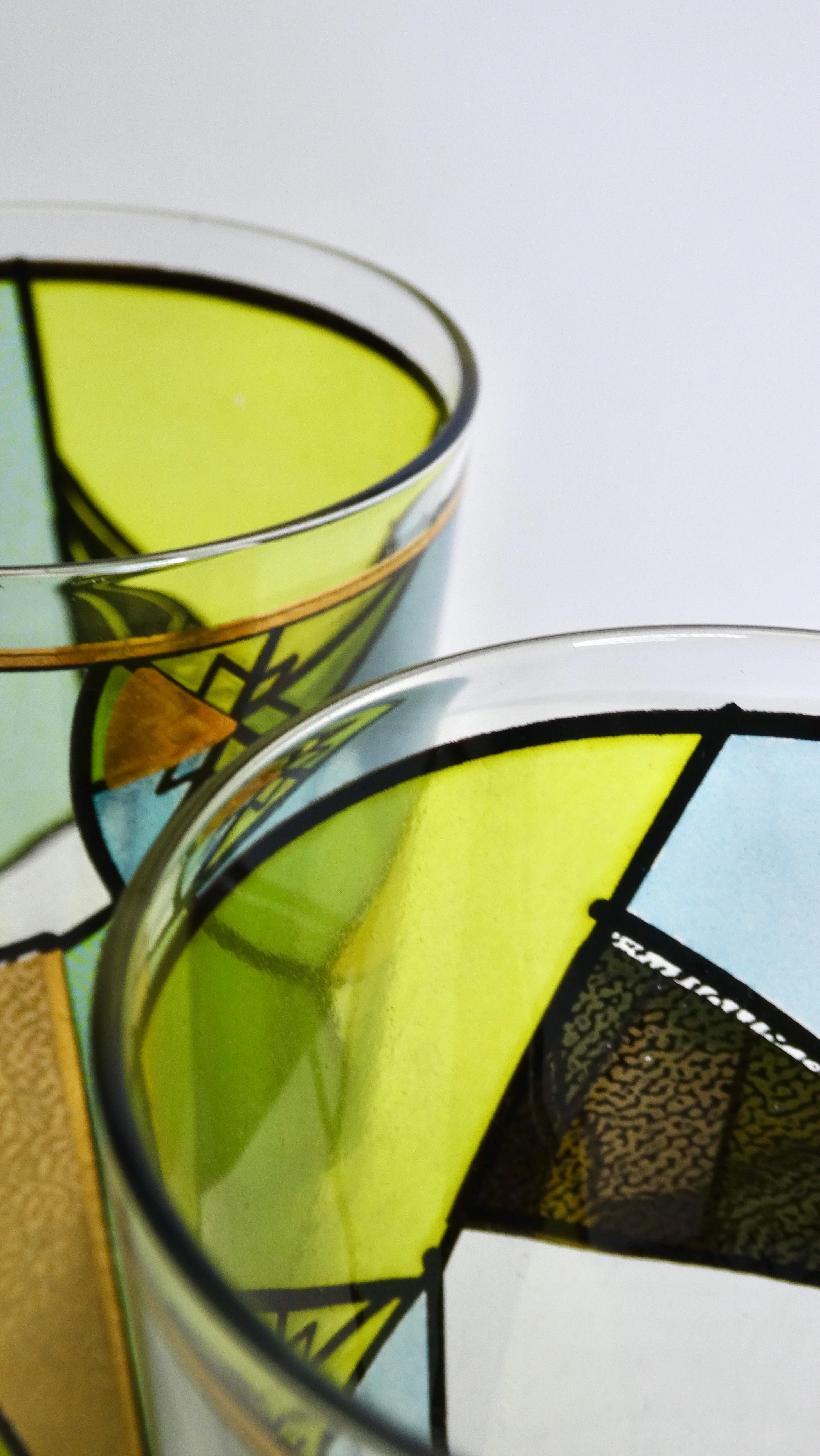 Ned Harris Stain Glass Mid-Century Blue and Green Abstract Glasses- Set ...