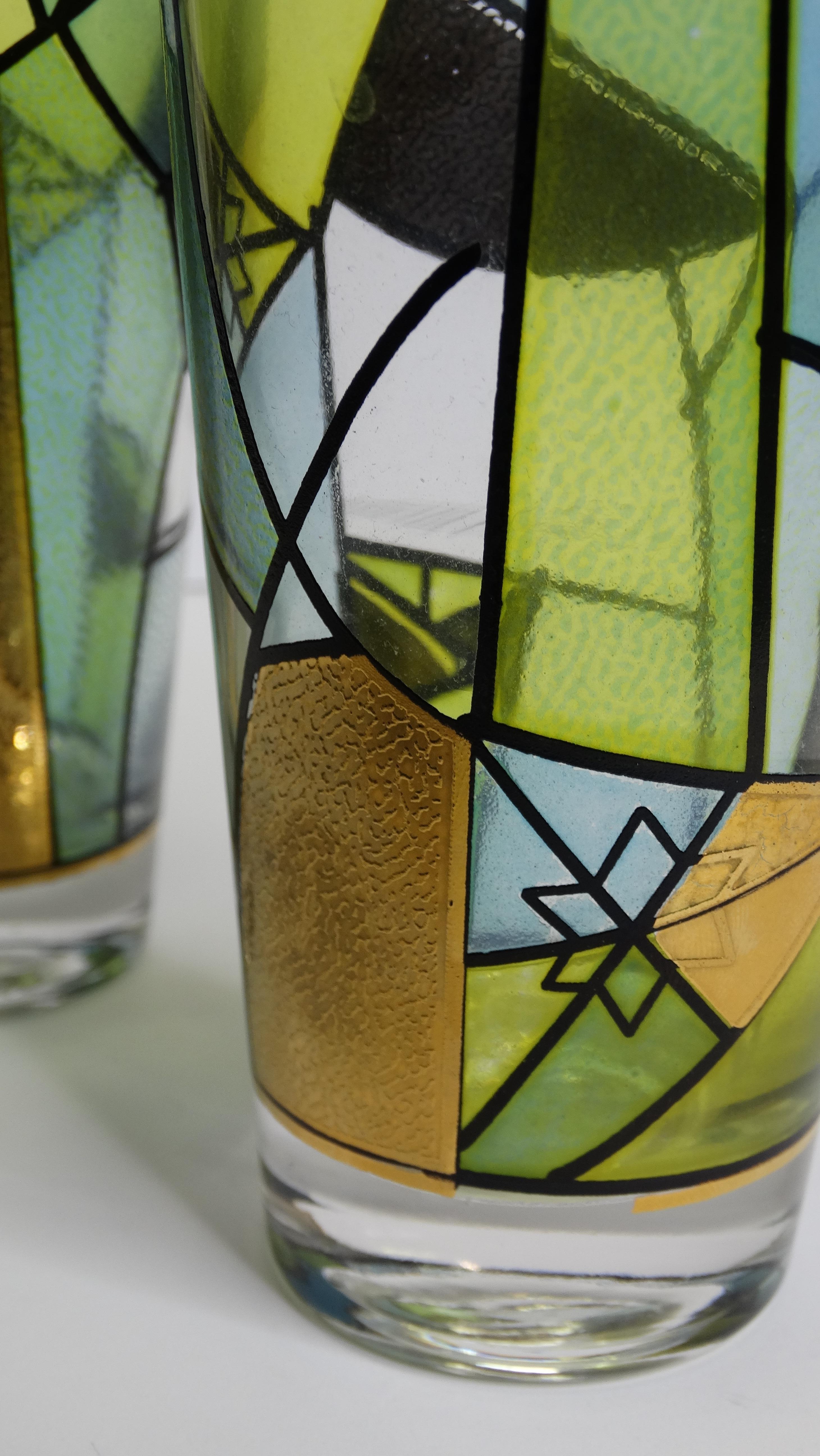 Ned Harris Stain Glass Mid-Century Blue and Green Abstract Glasses- Set ...