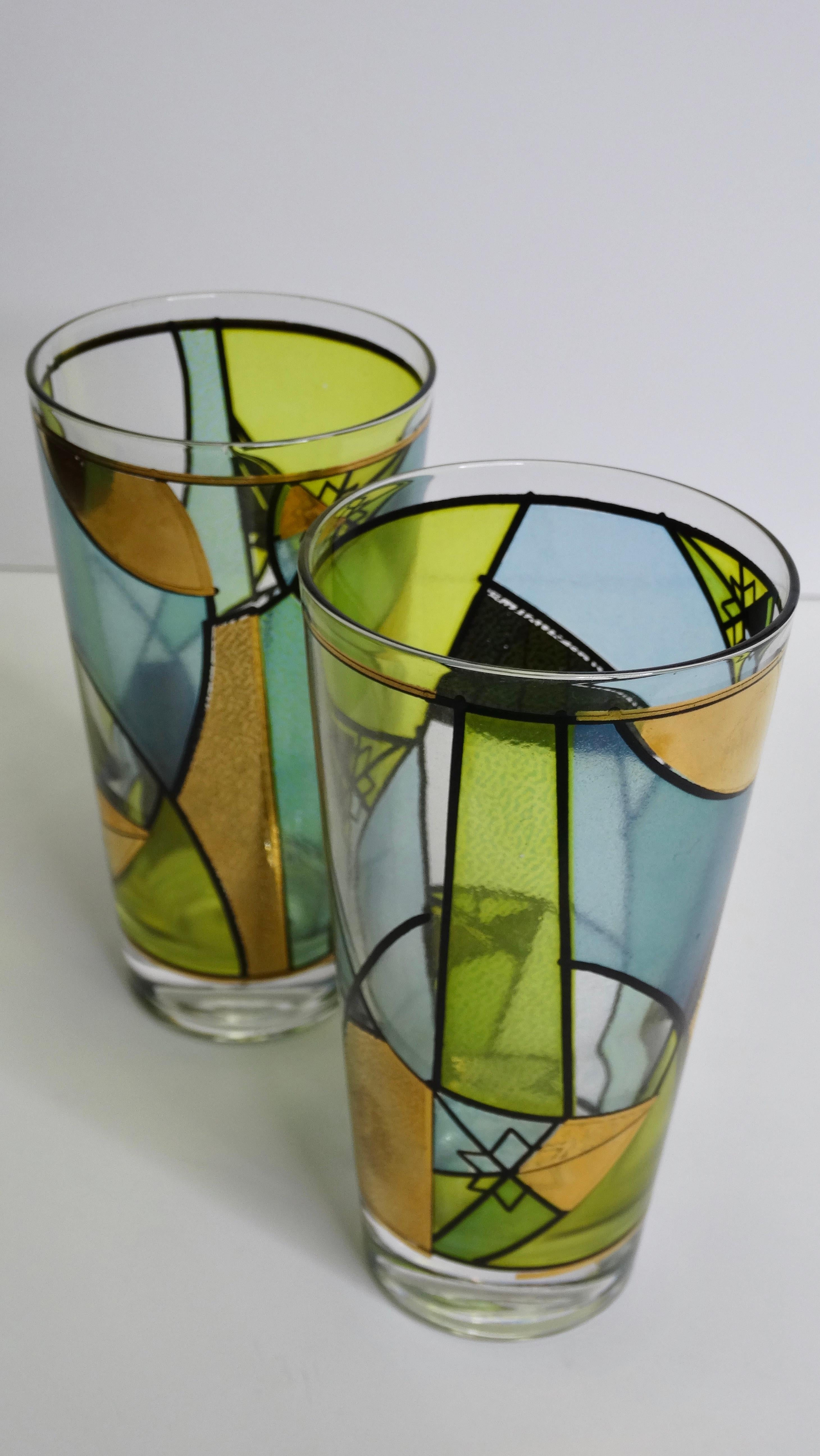 Ned Harris Stain Glass Mid-Century Blue and Green Abstract Glasses- Set ...