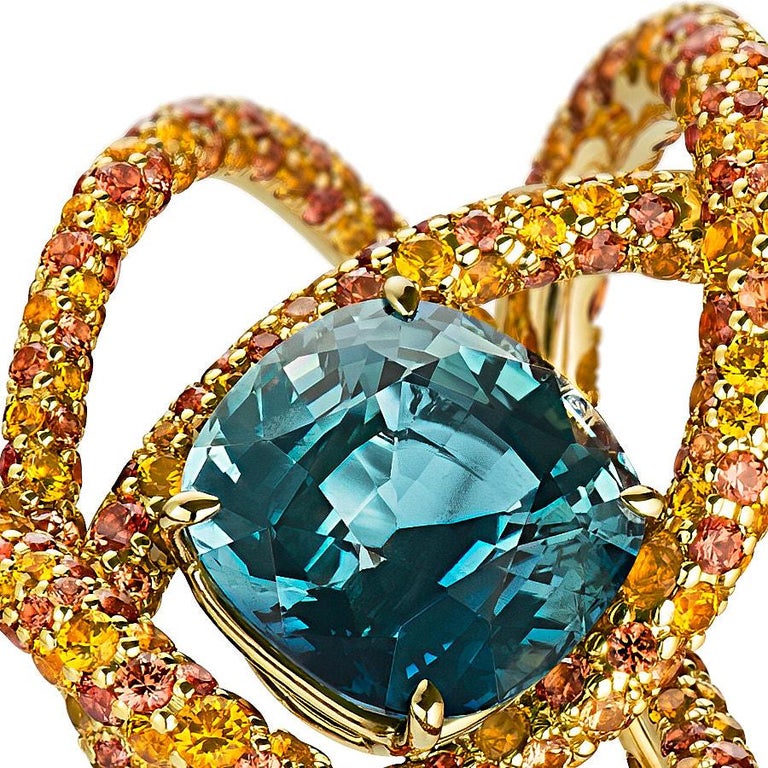 Neha Dani Teal Natural Sapphire with Orange Sapphires in Yellow Gold ...
