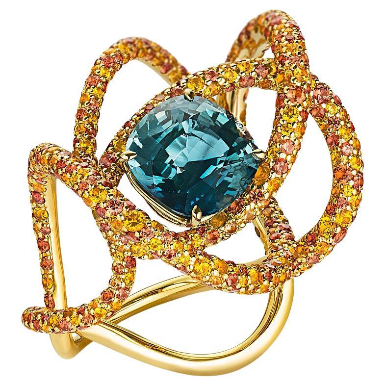 Neha Dani Teal Natural Sapphire with Orange Sapphires in Yellow Gold ...