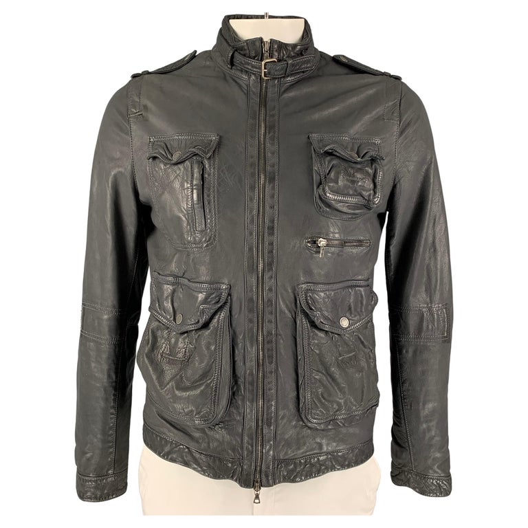 NEIL BARRETT Size L Smoke Gray Distressed Leather Utility Jacket For ...