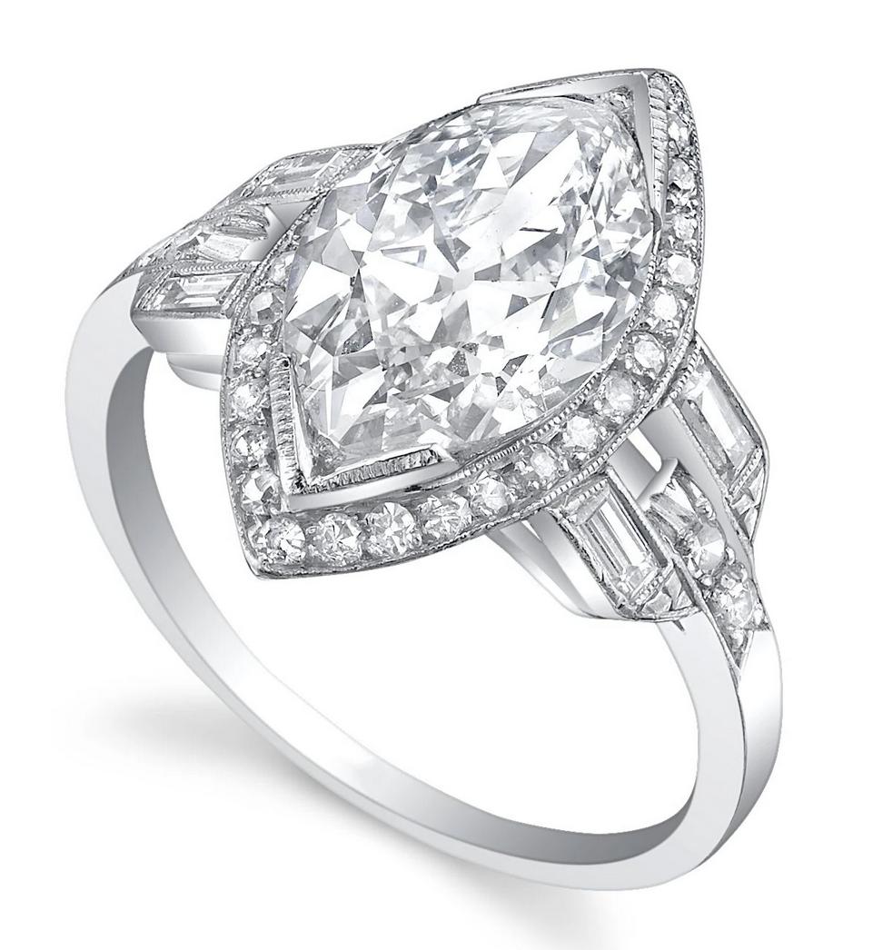 Neil Lane Couture Art Deco Moval-Shaped Diamond, Platinum Ring For Sale ...