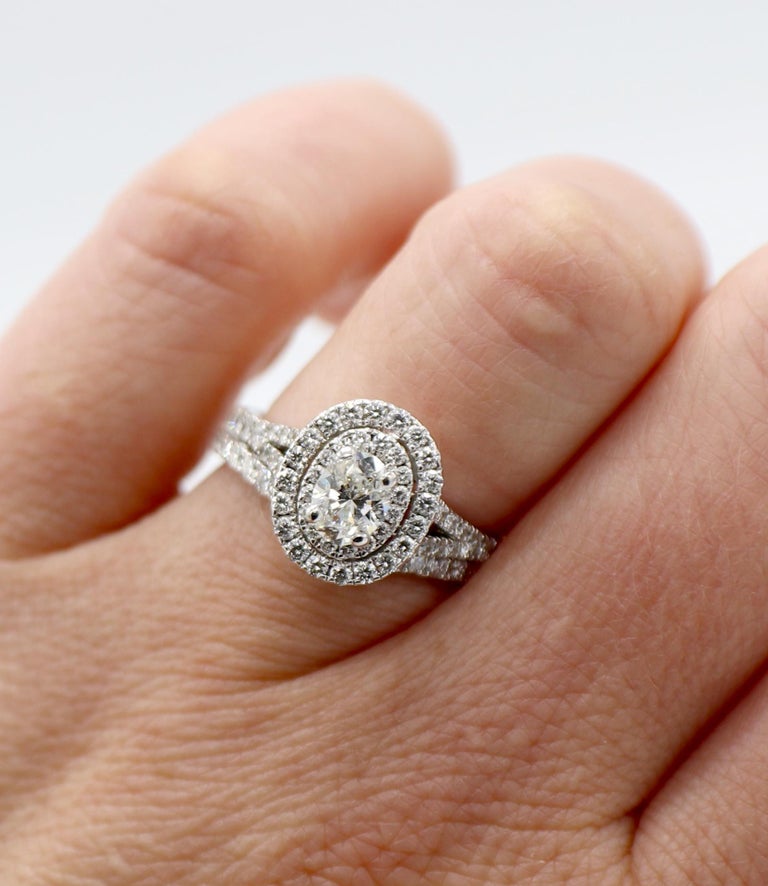 Neil Lane Oval Double Halo Diamond Engagement Ring and Wedding Band Set ...