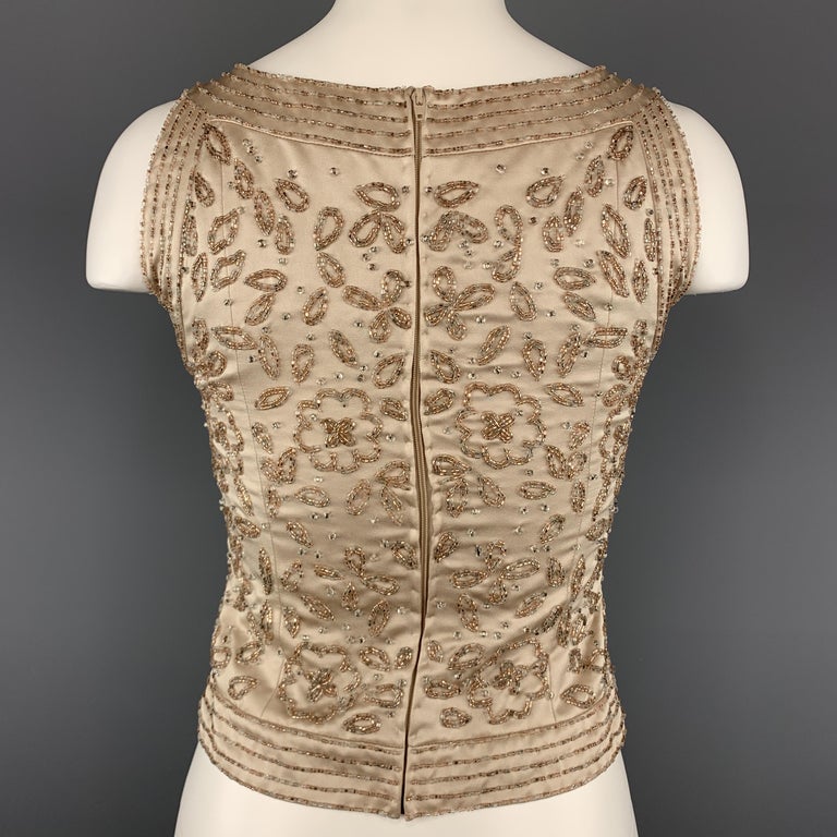 NEIMAN MARCUS Size 2 Beige Beaded Satin Shell Top For Sale at 1stDibs
