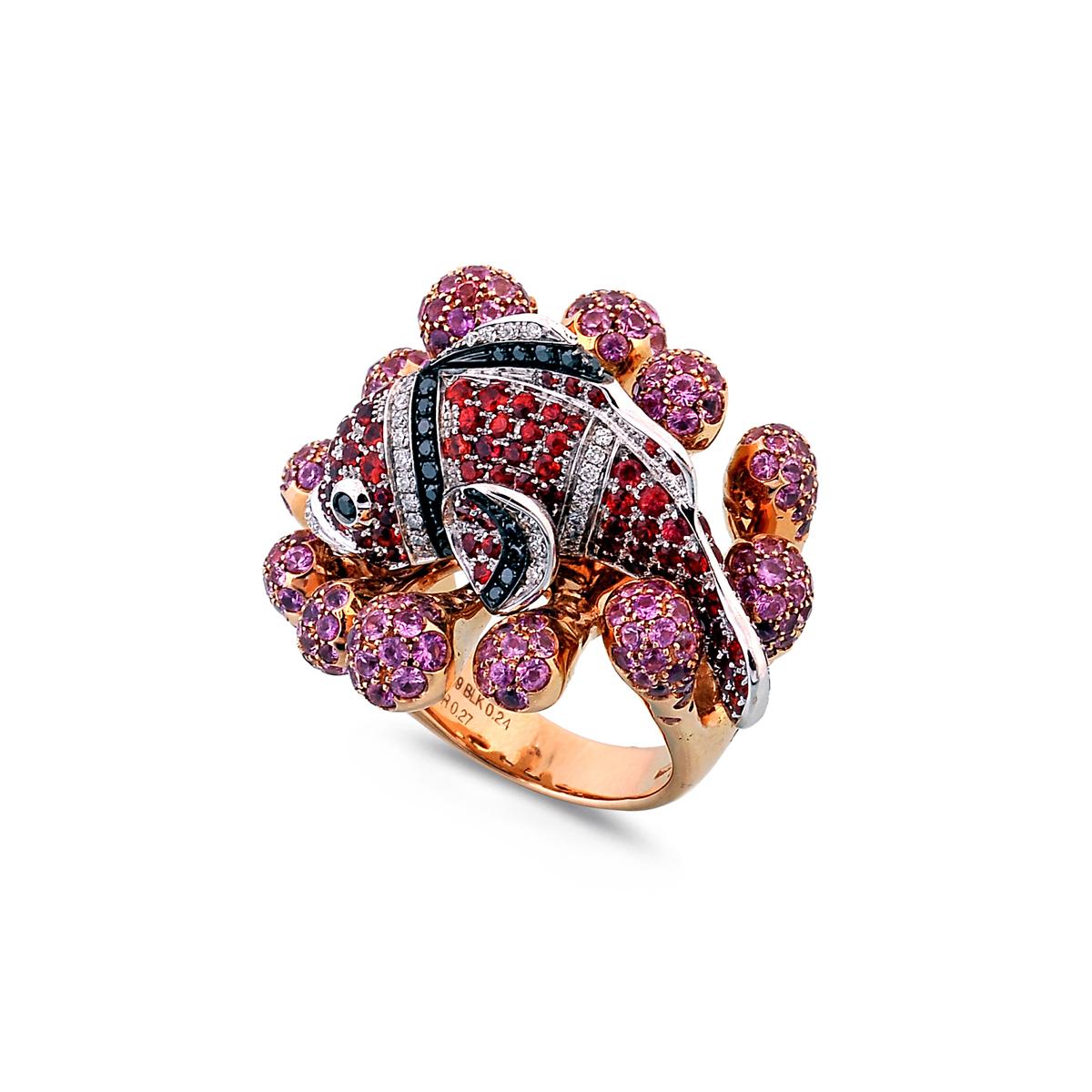 "Nemo" Clownfish Sapphire Black and White Diamond Cocktail Ring For ...