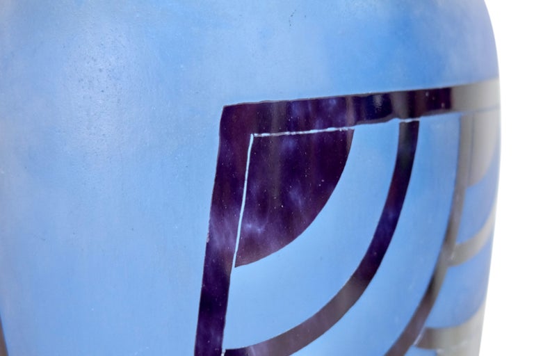 Nénuphars Big Blue Vase with Art Deco Pattern by Schneider for Le Verre ...