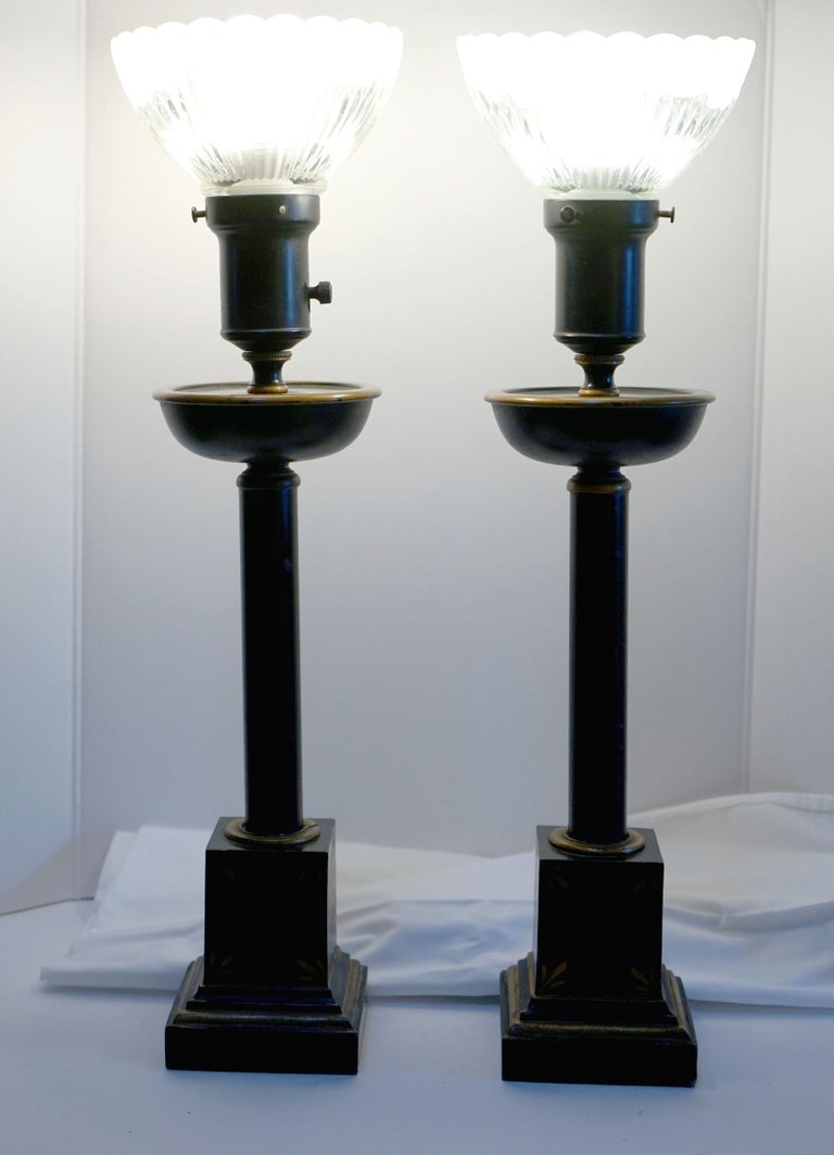 Neo classical Assembled Trio of Ebonized Table Lamps with Glass Shades ...