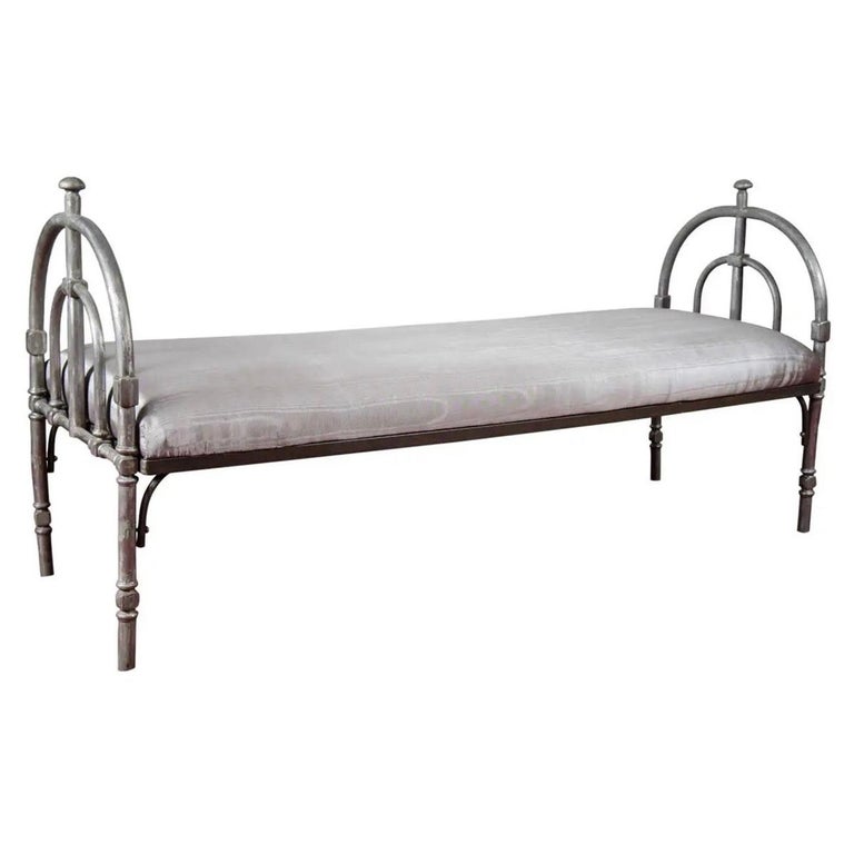 Neo-Classical Revival Silver Pewter Finish Metal Upholstered Bench For ...