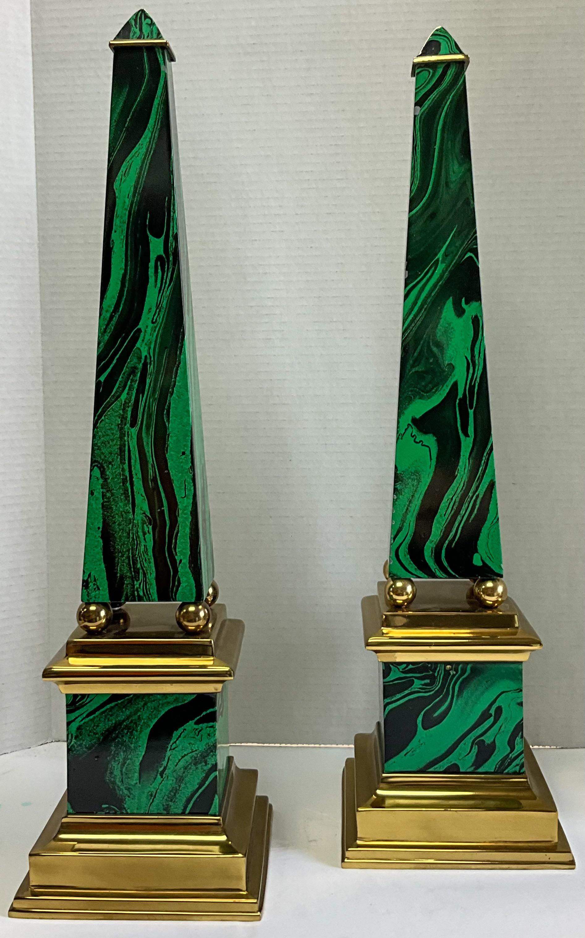 Neo-Classical Style Faux Malachite Brass Table Top Obelisks, Pair at ...