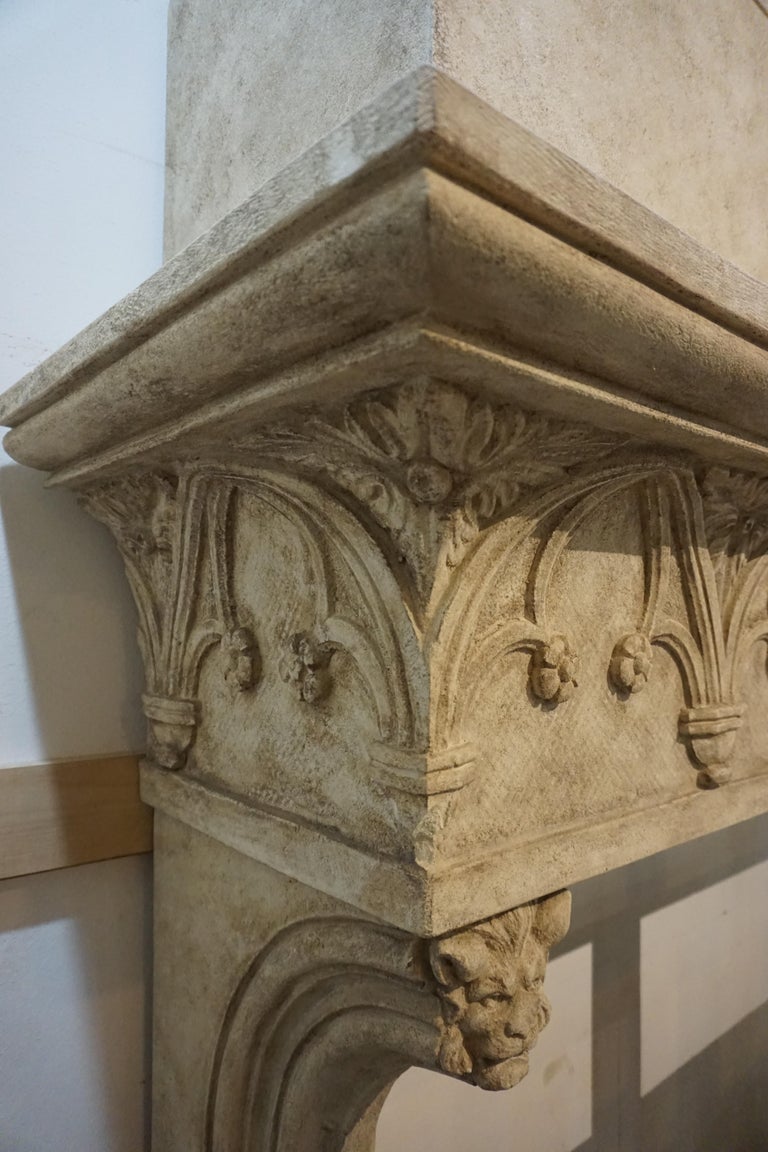 Neo-Gothic Style Composite Limestone Fireplace with Hood at 1stDibs