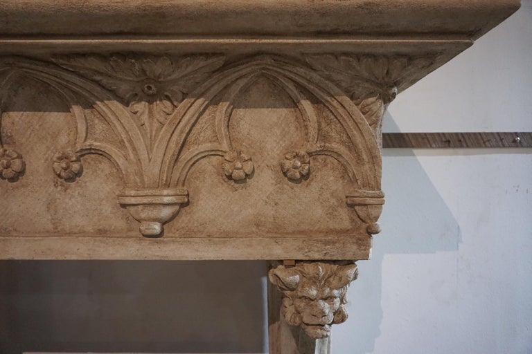 Neo-Gothic Style Composite Limestone Fireplace with Hood at 1stDibs