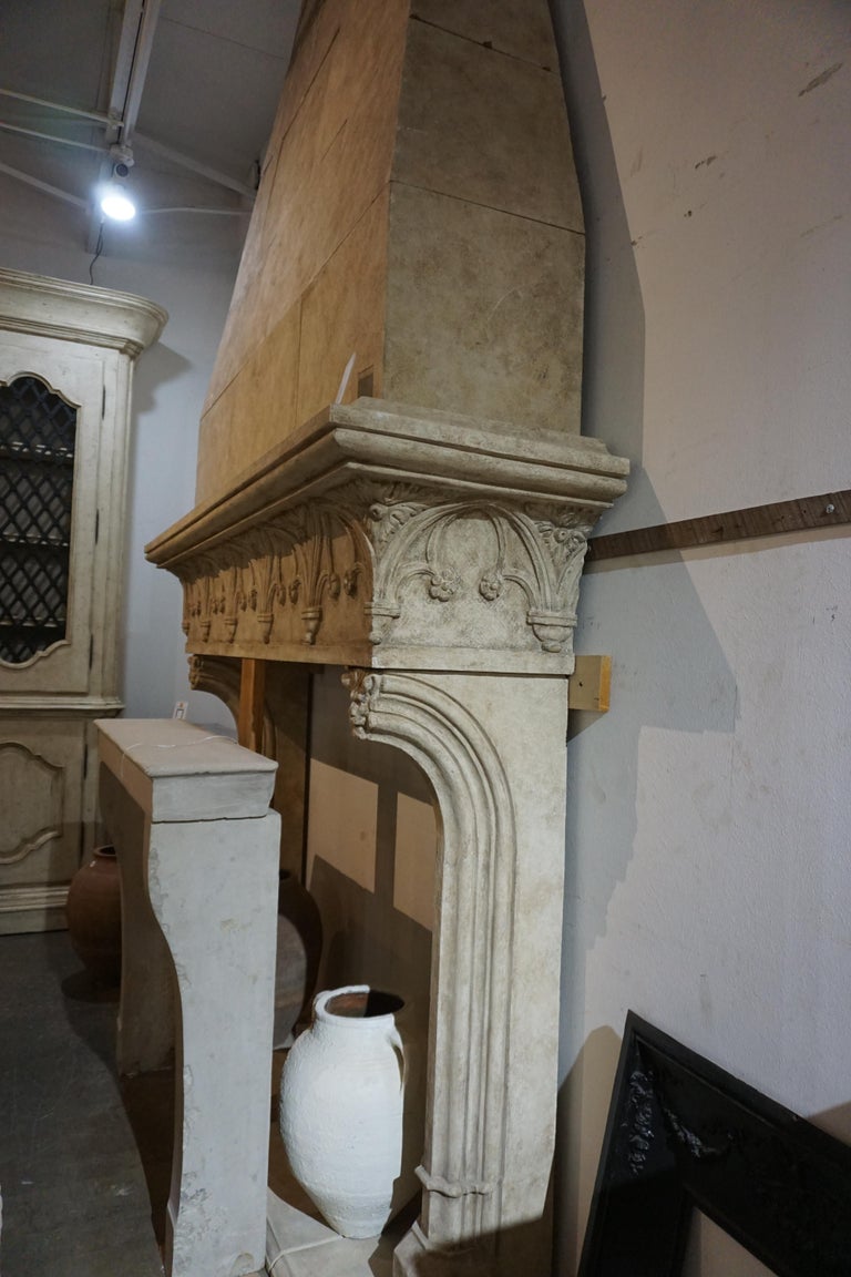 Neo-Gothic Style Composite Limestone Fireplace with Hood at 1stDibs