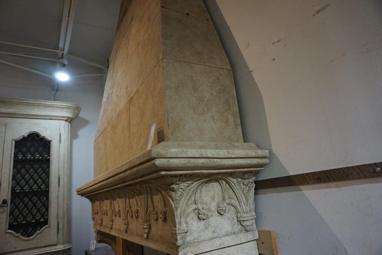 Neo-Gothic Style Composite Limestone Fireplace with Hood at 1stDibs