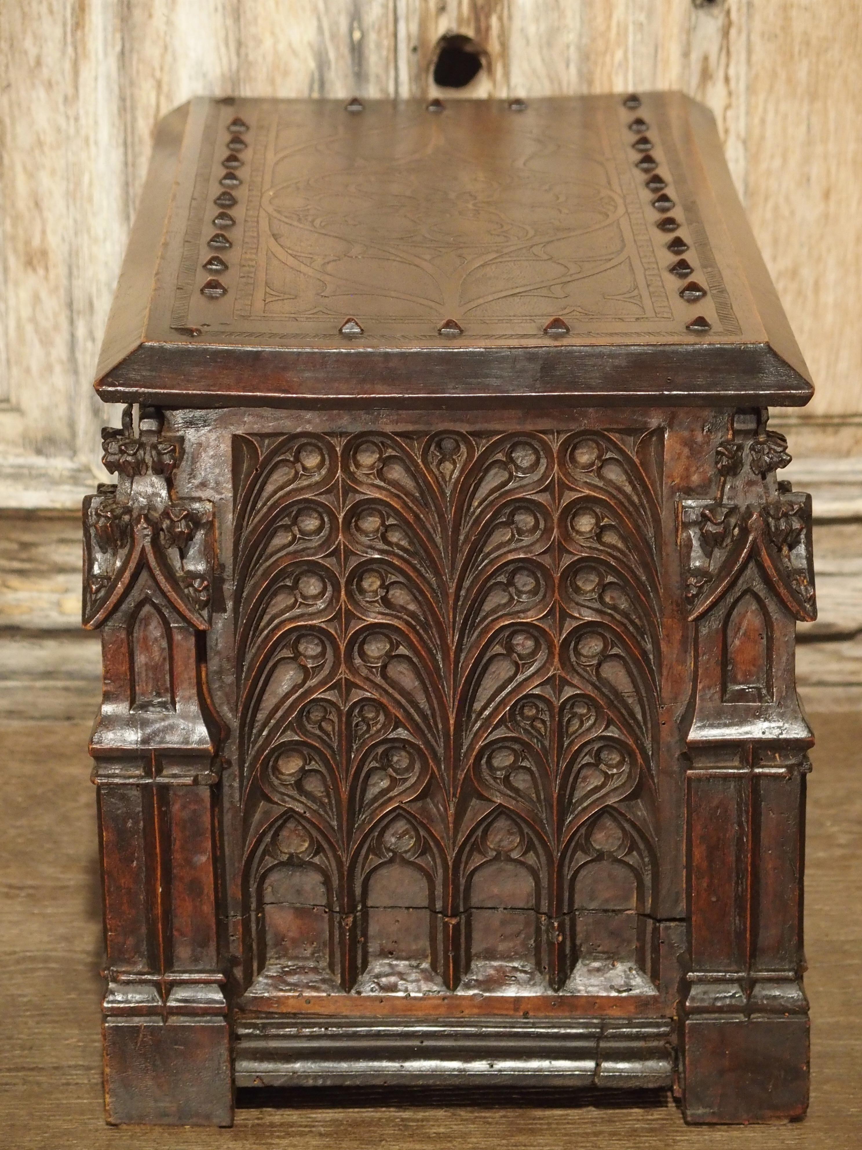 Neo-Gothic Walnut Wood Table Trunk from France, circa 1860 at 1stDibs