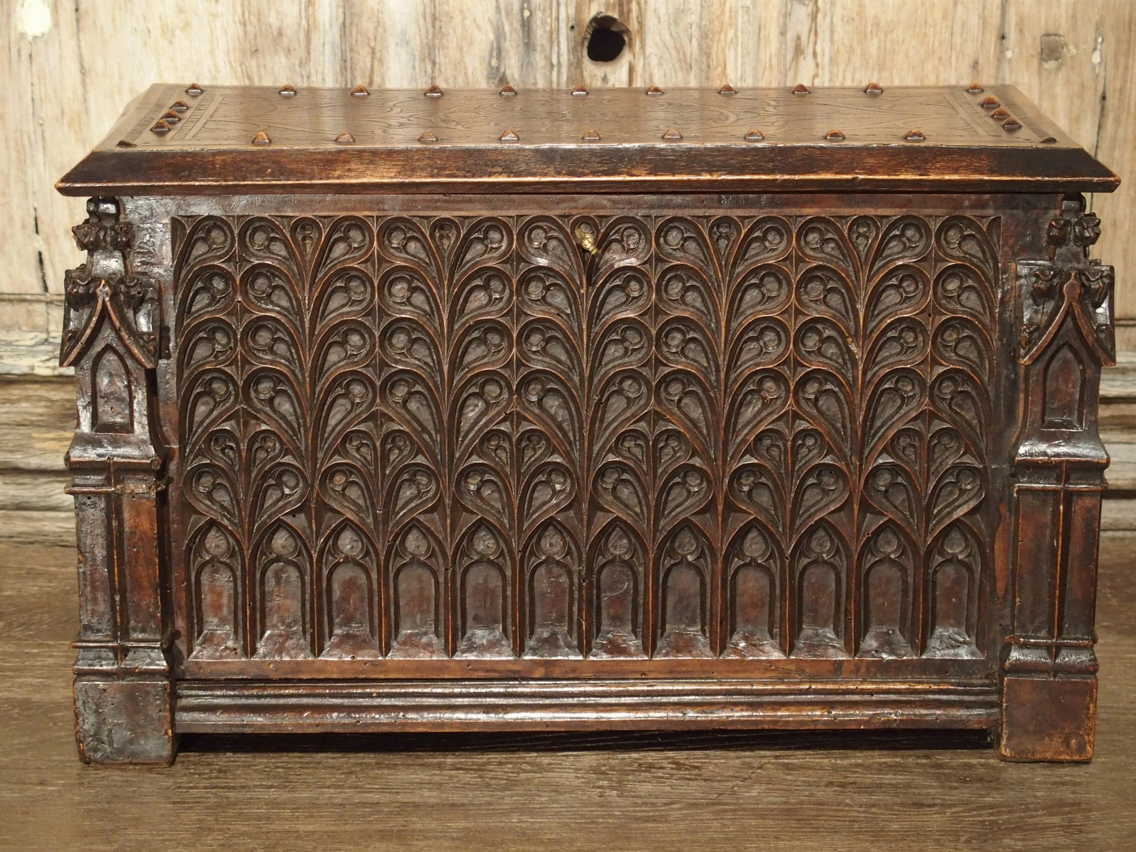 Neo-Gothic Walnut Wood Table Trunk from France, circa 1860 at 1stDibs