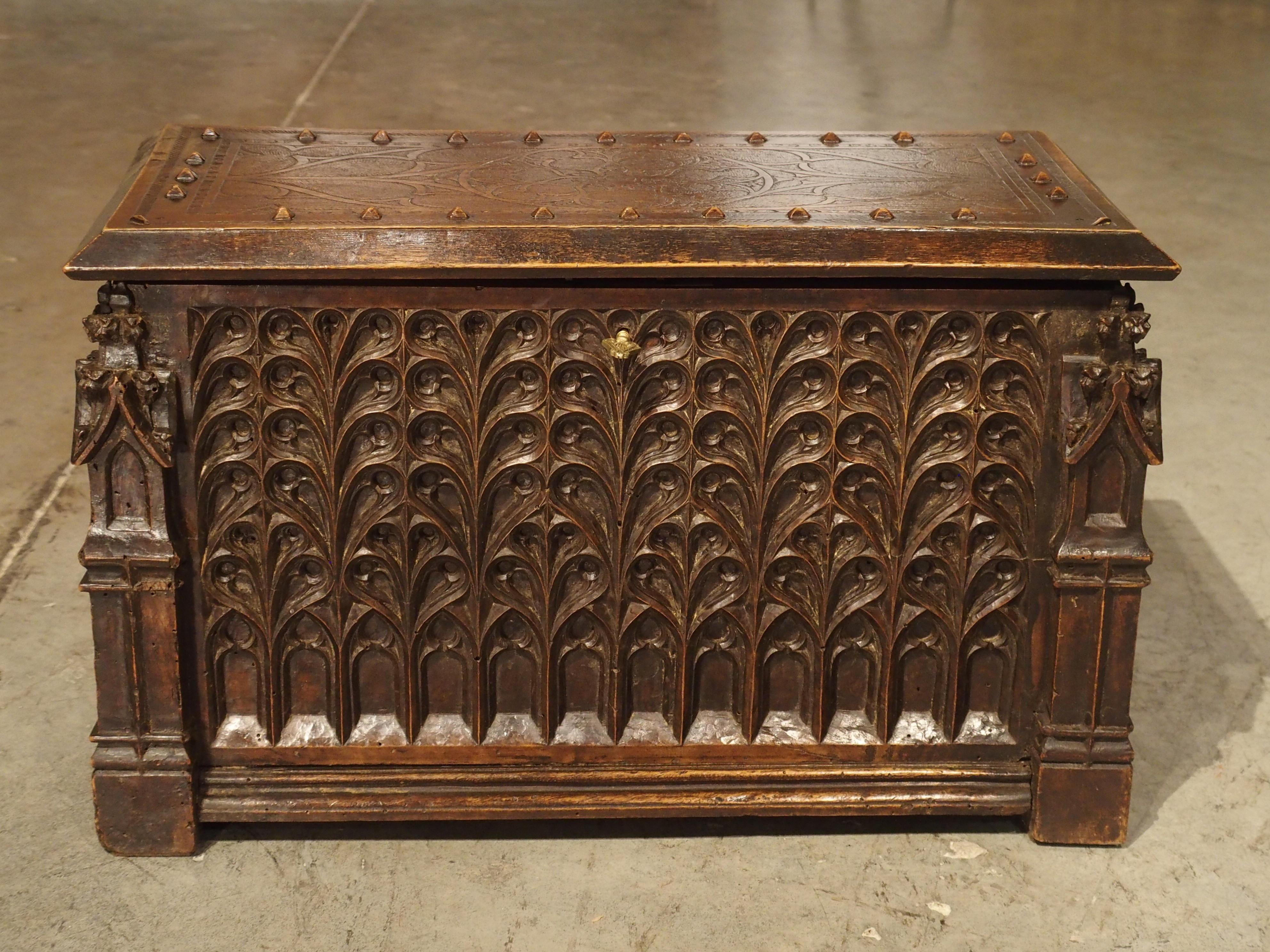 Neo-Gothic Walnut Wood Table Trunk from France, circa 1860 at 1stDibs