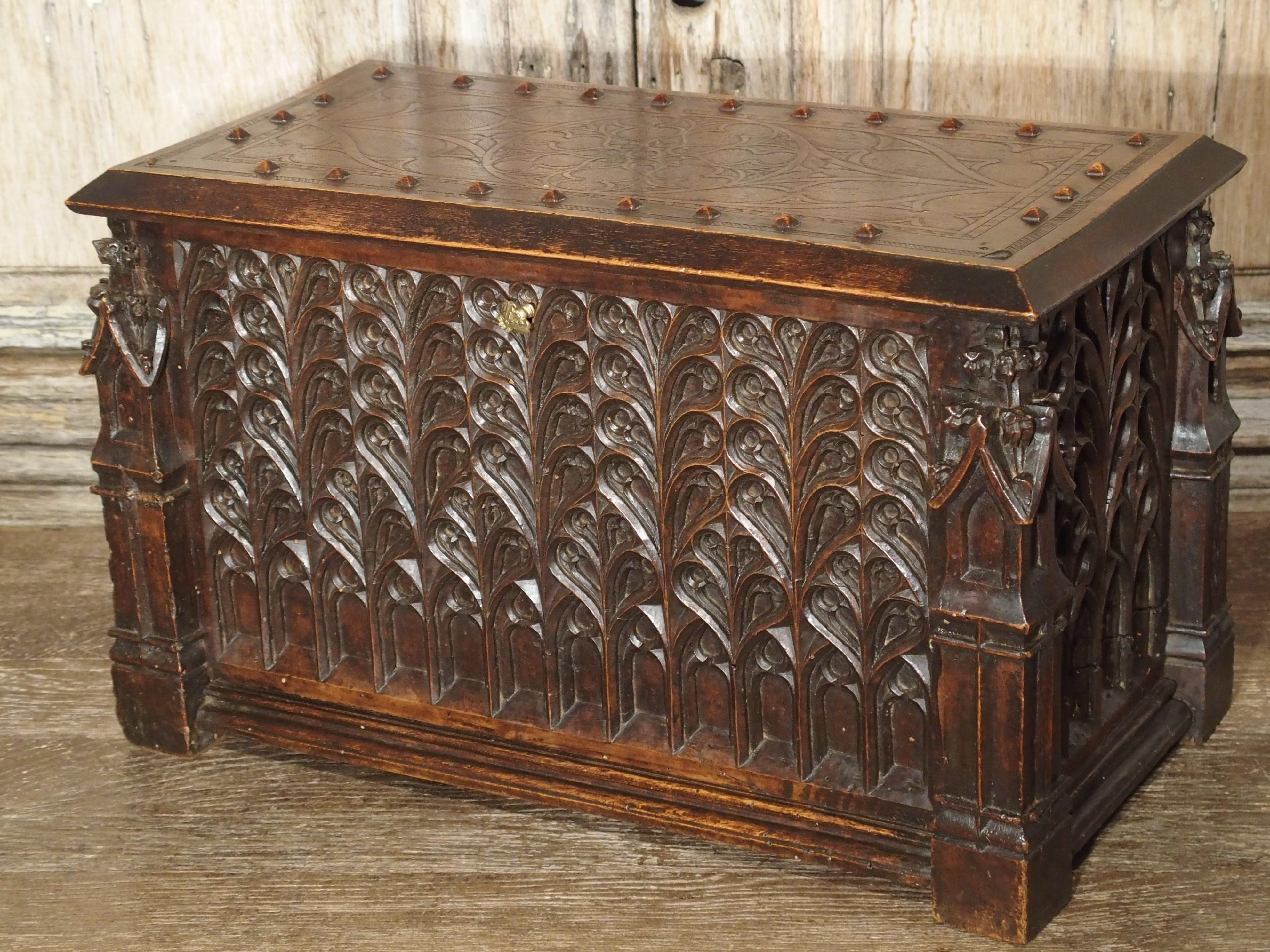 Neo-Gothic Walnut Wood Table Trunk from France, circa 1860 at 1stDibs