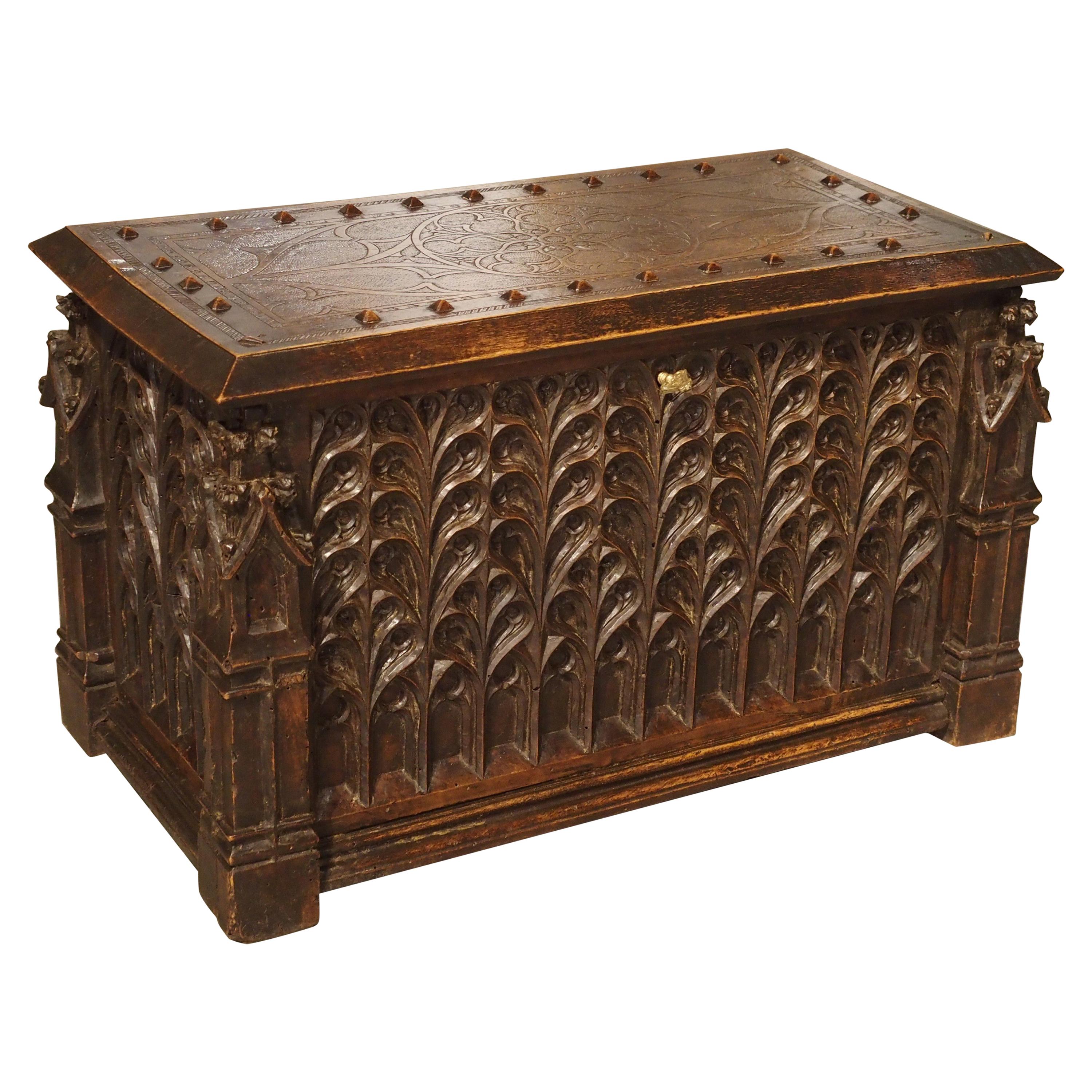 Neo-Gothic Walnut Wood Table Trunk from France, circa 1860 at 1stDibs