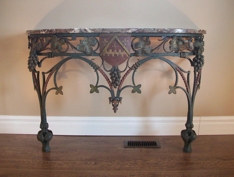 Neo Gothic Wrought Iron and Marble Console Table with Crest, France ...