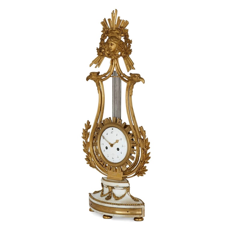 Neoclassical 18th Century Ormolu and Marble Lyre Clock For Sale at 1stDibs