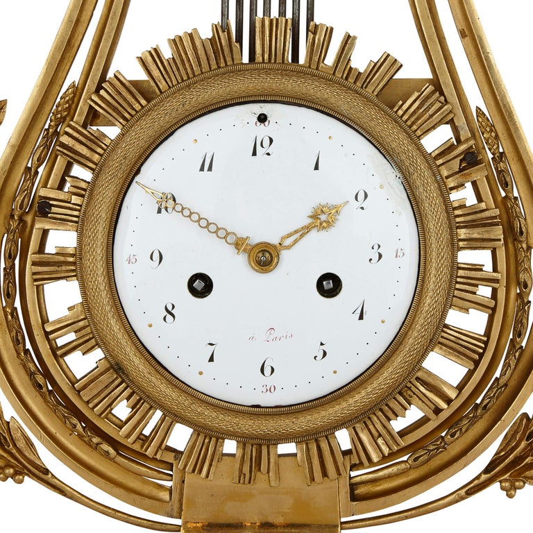 Neoclassical 18th Century Ormolu and Marble Lyre Clock For Sale at 1stDibs