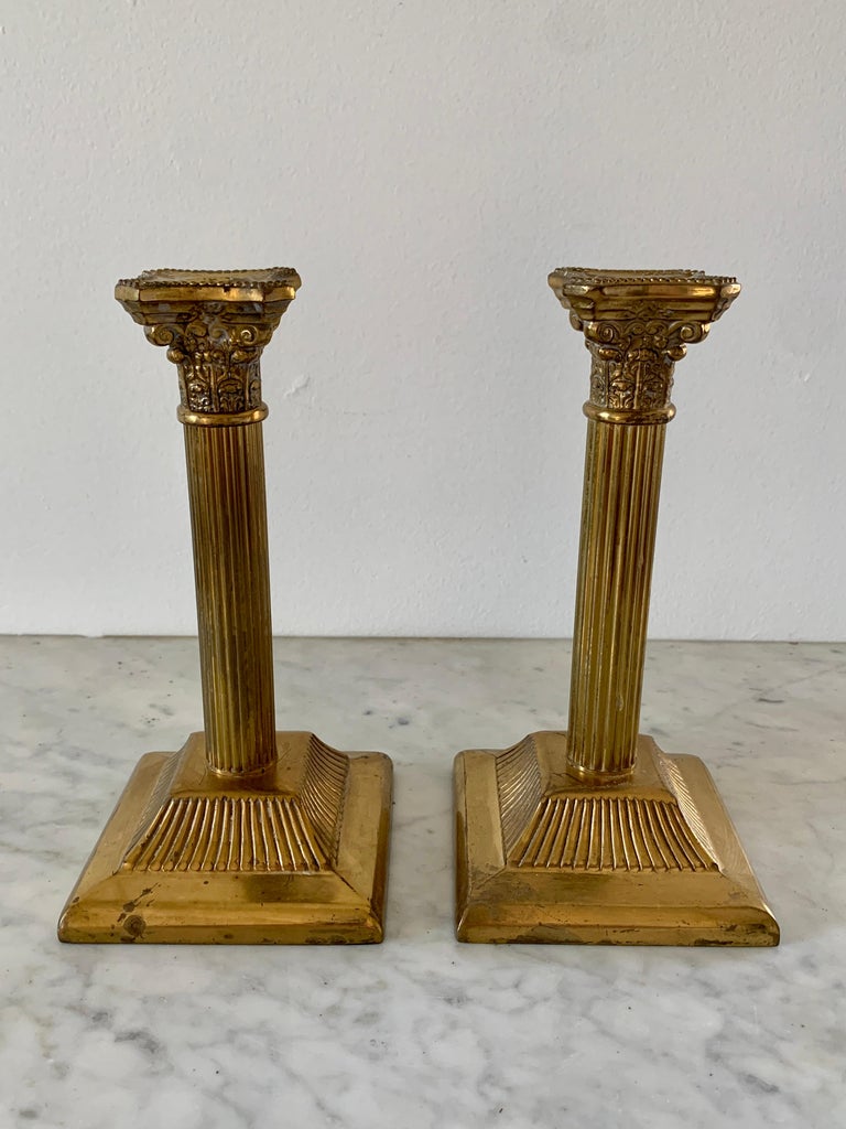 Neoclassical Brass Corinthian Column Candlesticks, Pair For Sale at 1stDibs