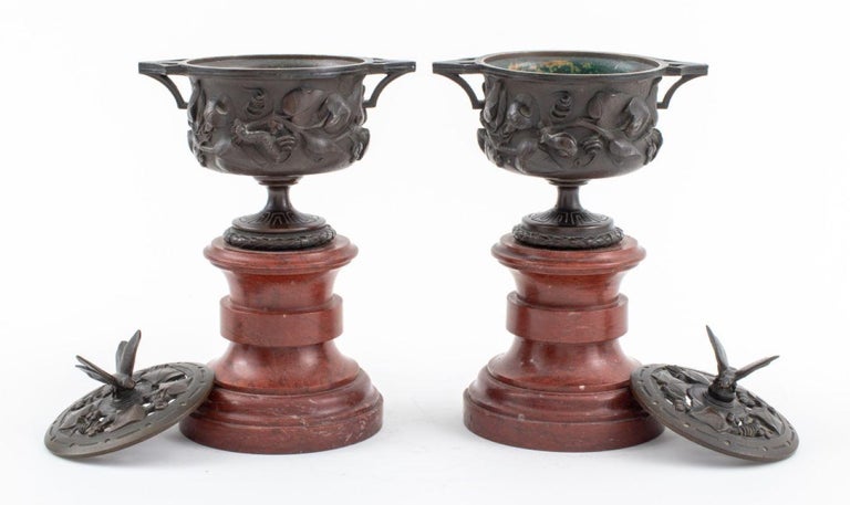 Neoclassical Bronze Covered Urns on Marble, Pair For Sale at 1stDibs