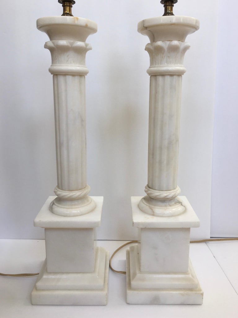 Neoclassical Carved Marble Column Table Lamps, Pair at 1stDibs