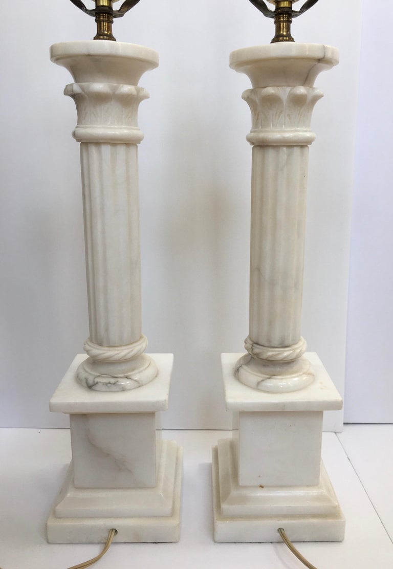 Neoclassical Carved Marble Column Table Lamps, Pair at 1stDibs