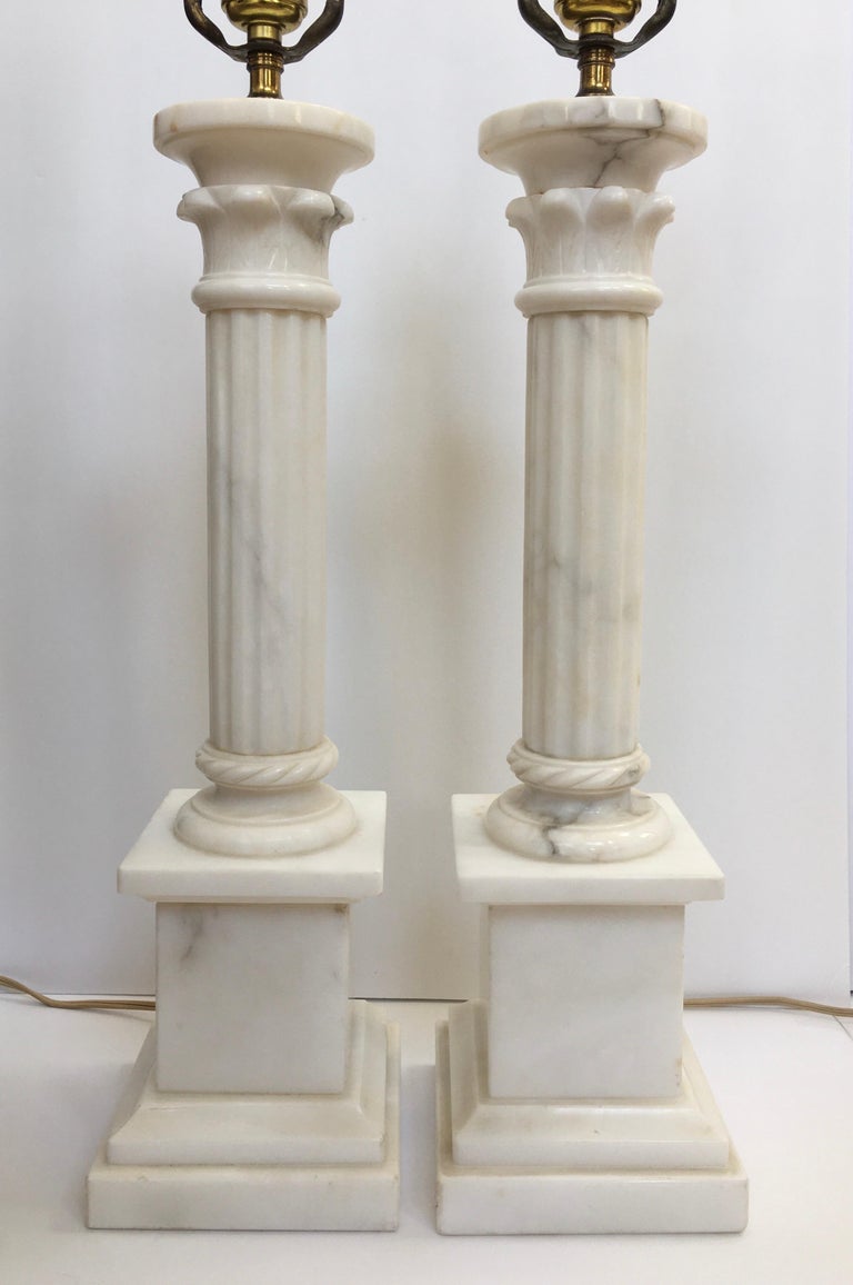 Neoclassical Carved Marble Column Table Lamps, Pair at 1stDibs
