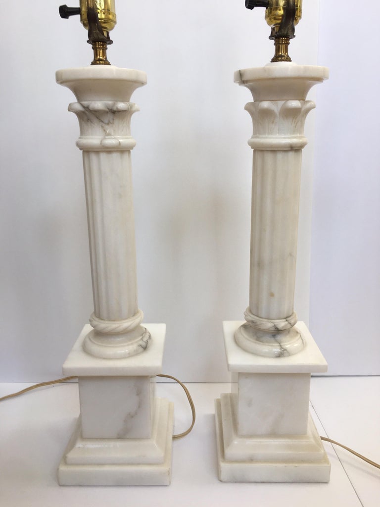 Neoclassical Carved Marble Column Table Lamps, Pair at 1stDibs