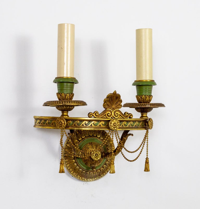 Neoclassical Cast Brass Sconces W/ Green Accents, Pair For Sale at 1stDibs