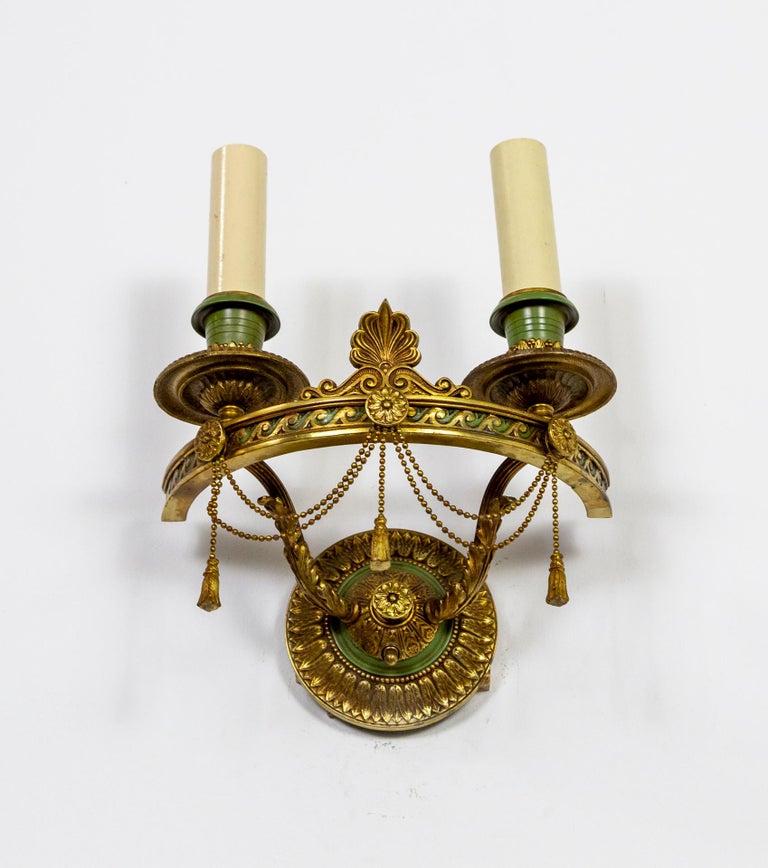 Neoclassical Cast Brass Sconces W/ Green Accents, Pair For Sale at 1stDibs