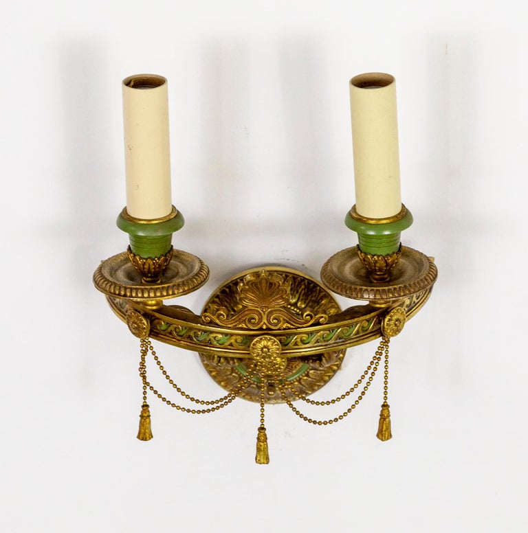 Neoclassical Cast Brass Sconces W/ Green Accents, Pair For Sale at 1stDibs