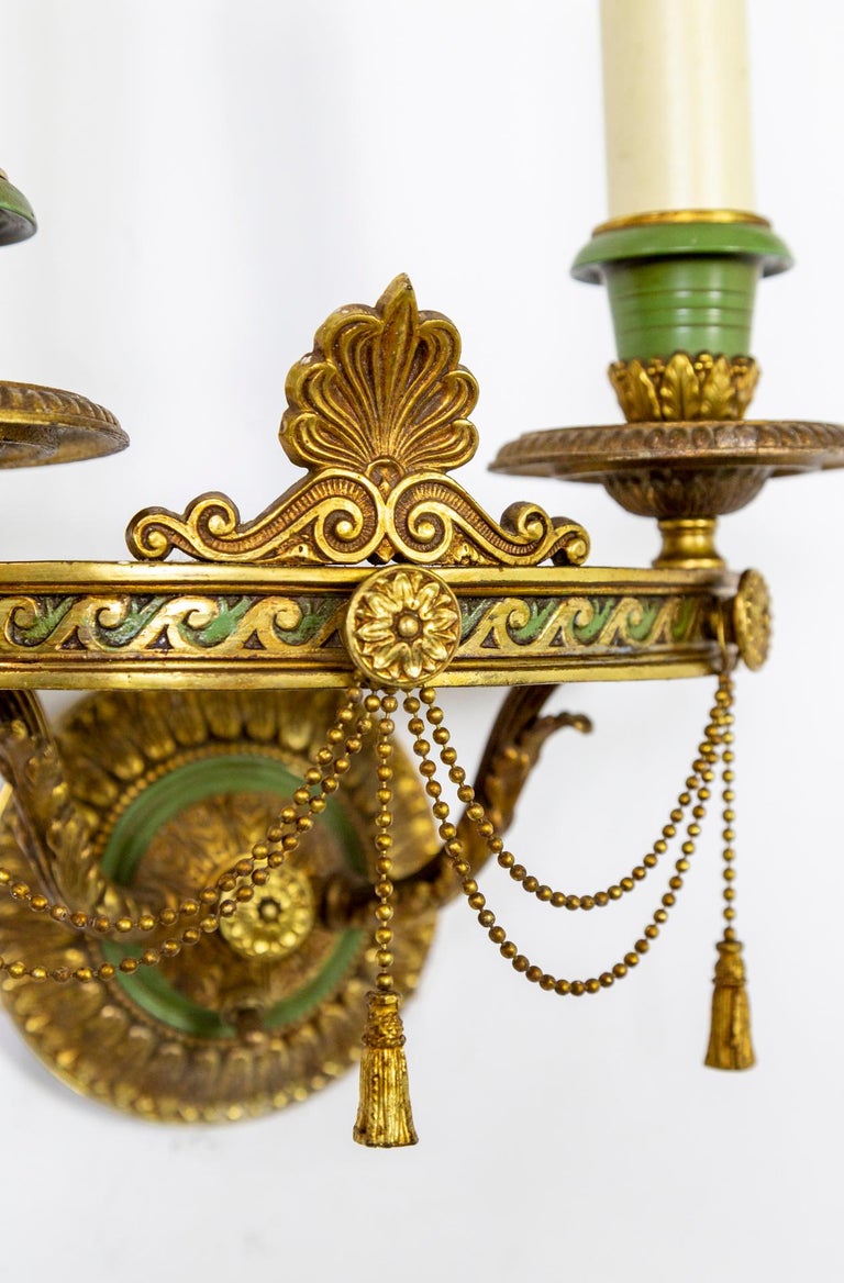 Neoclassical Cast Brass Sconces W/ Green Accents, Pair For Sale at 1stDibs