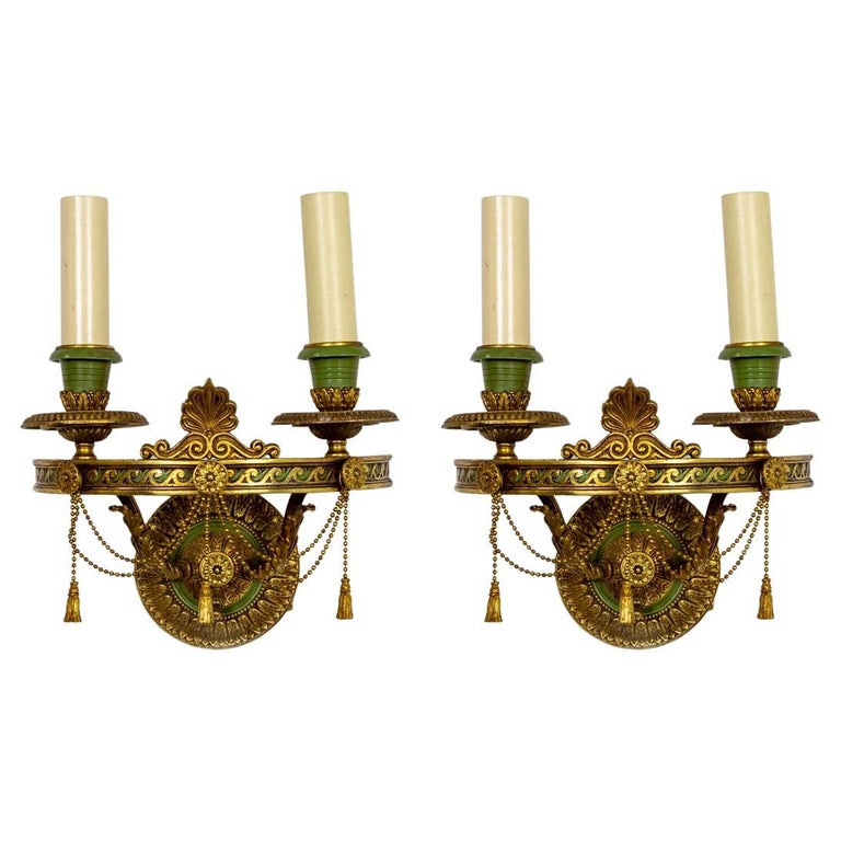 Neoclassical Cast Brass Sconces W/ Green Accents, Pair For Sale at 1stDibs
