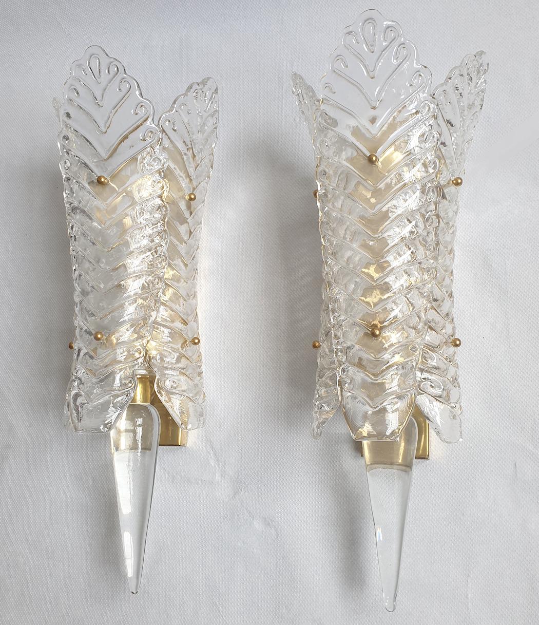 Mid Century Murano Glass and Brass Large Sconces - a pair For Sale at 1stDibs