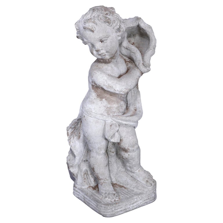 Neoclassical Figural Cast Hard Stone Garden Statue, Cherub with Shell ...