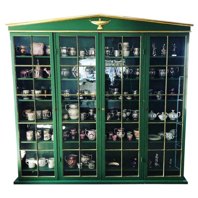 Neoclassical Green Painted and Parcel-Gilt Breakfront Bookcase at 1stDibs