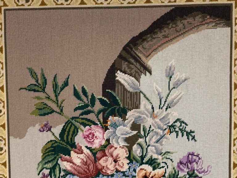 Neoclassical Large Floral Needlepoint Framed Art For Sale at 1stDibs